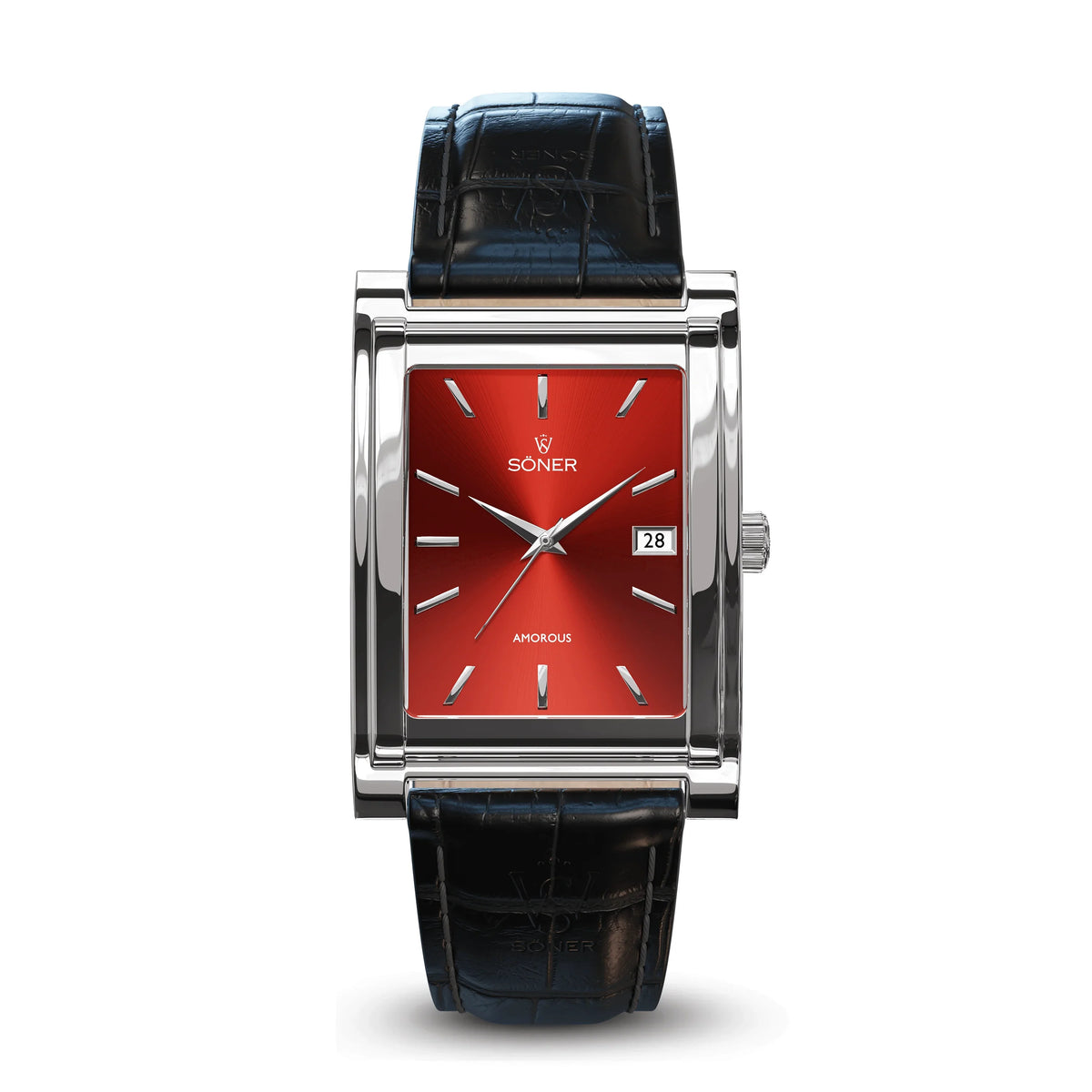Rio, a rectangular watch in polished steel with red dial