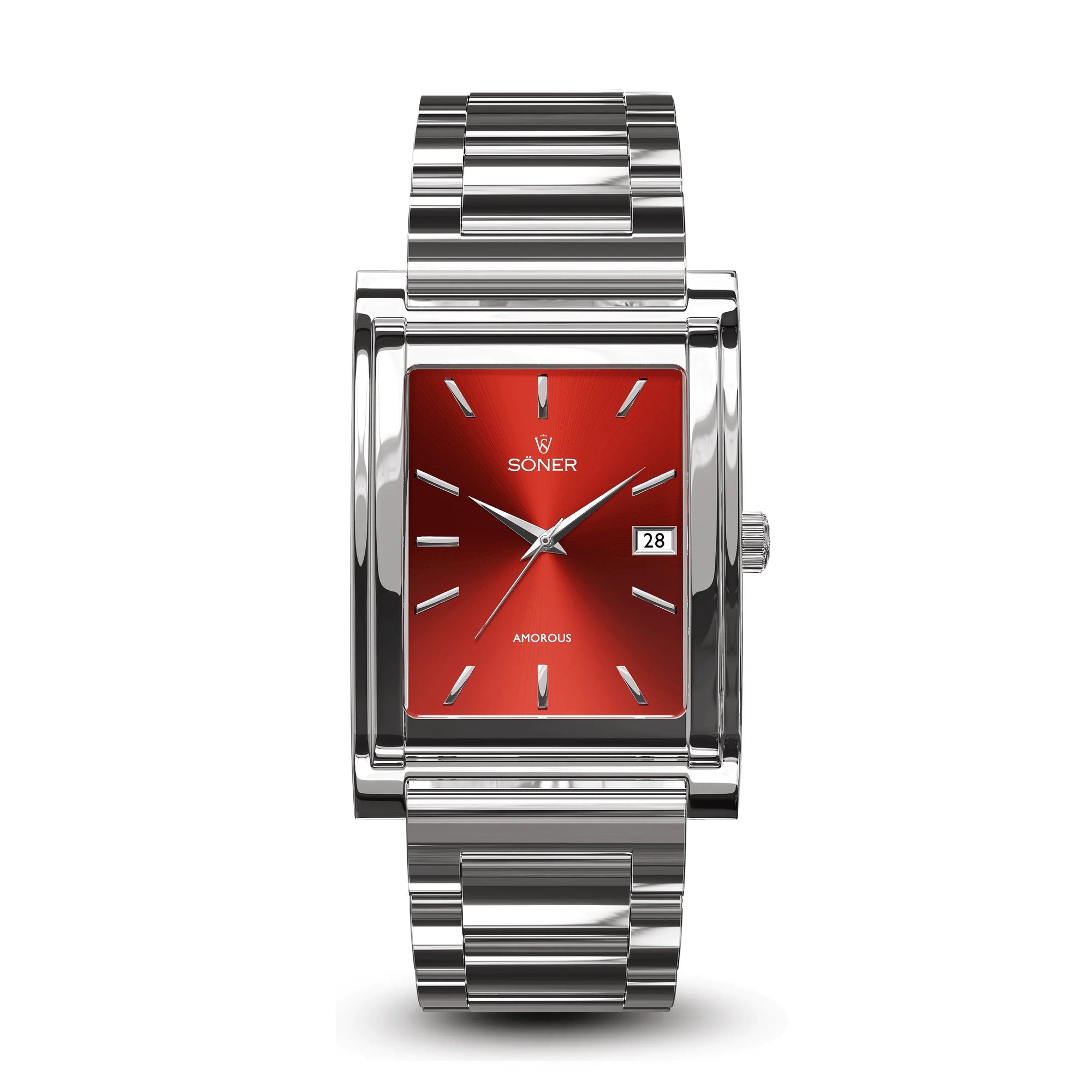 Rio, a rectangular watch in polished steel with red dial