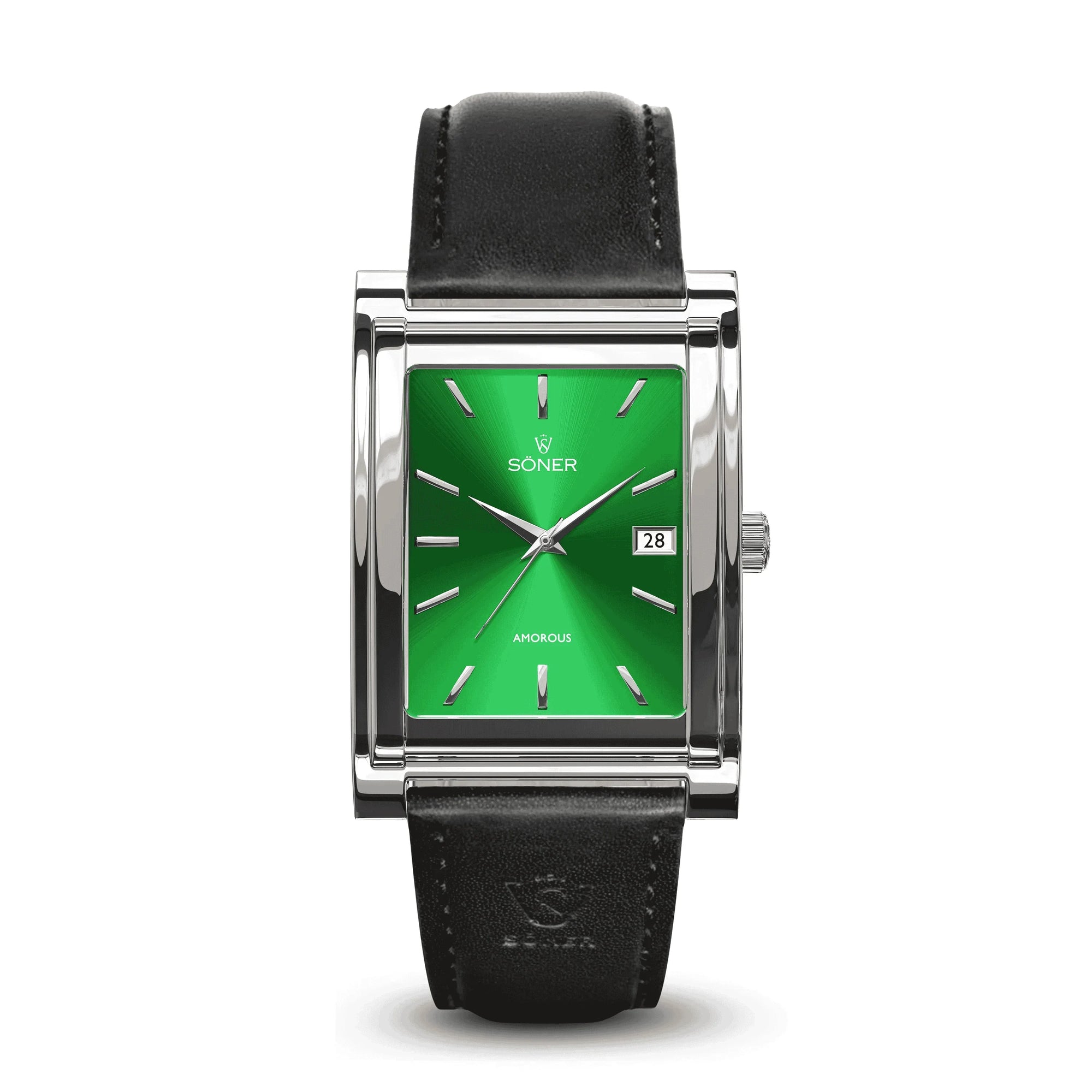 Tokyo, a rectangular watch in polished steel with green dial
