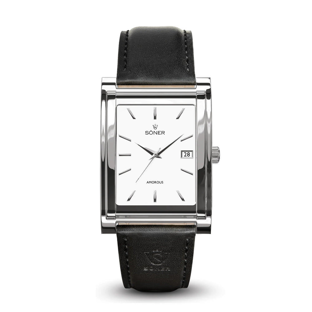 Vienna, a rectangular watch in polished steel with white dial