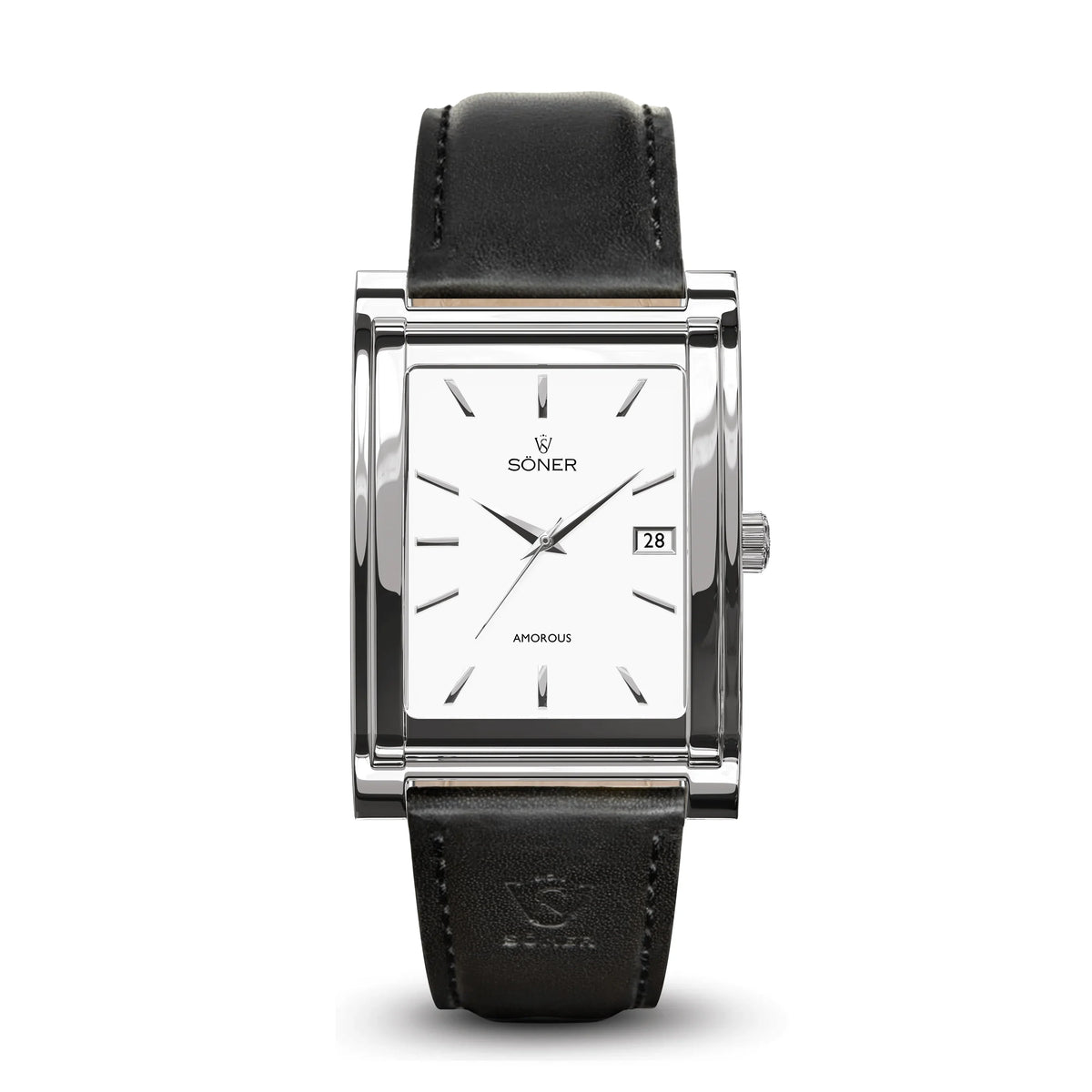 Vienna, a rectangular watch in polished steel with white dial