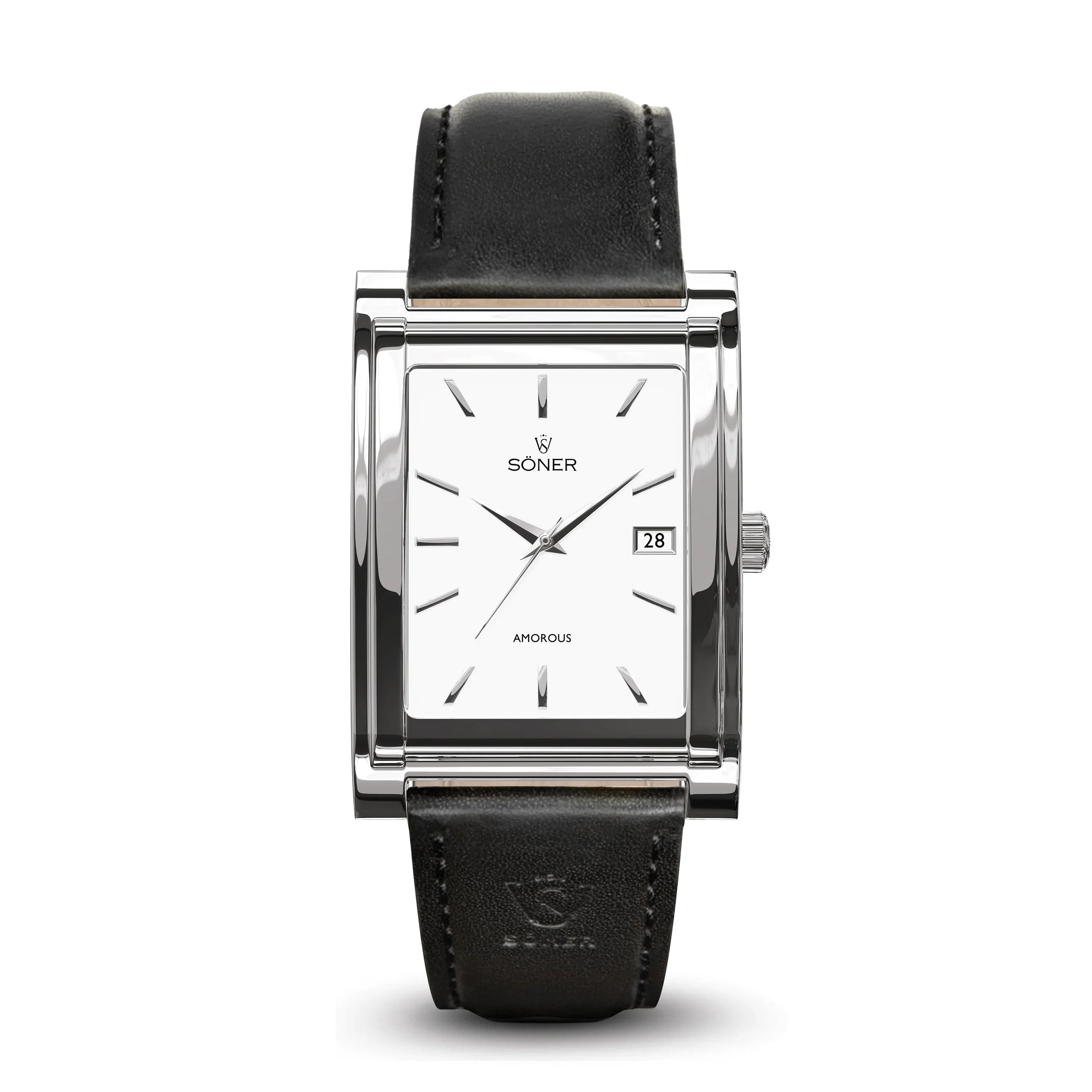 Vienna, a rectangular watch in polished steel with white dial