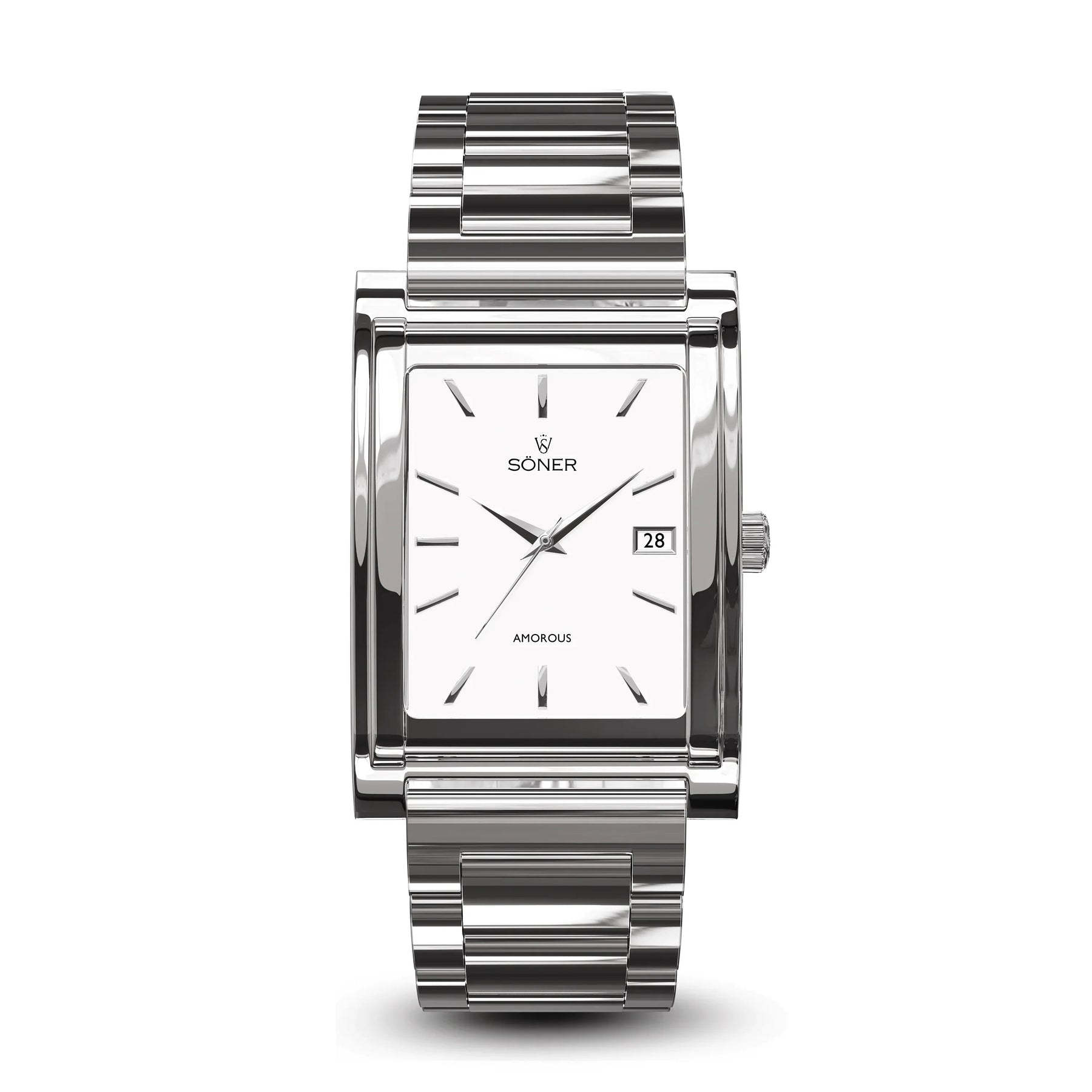 Vienna, a rectangular watch in polished steel with white dial