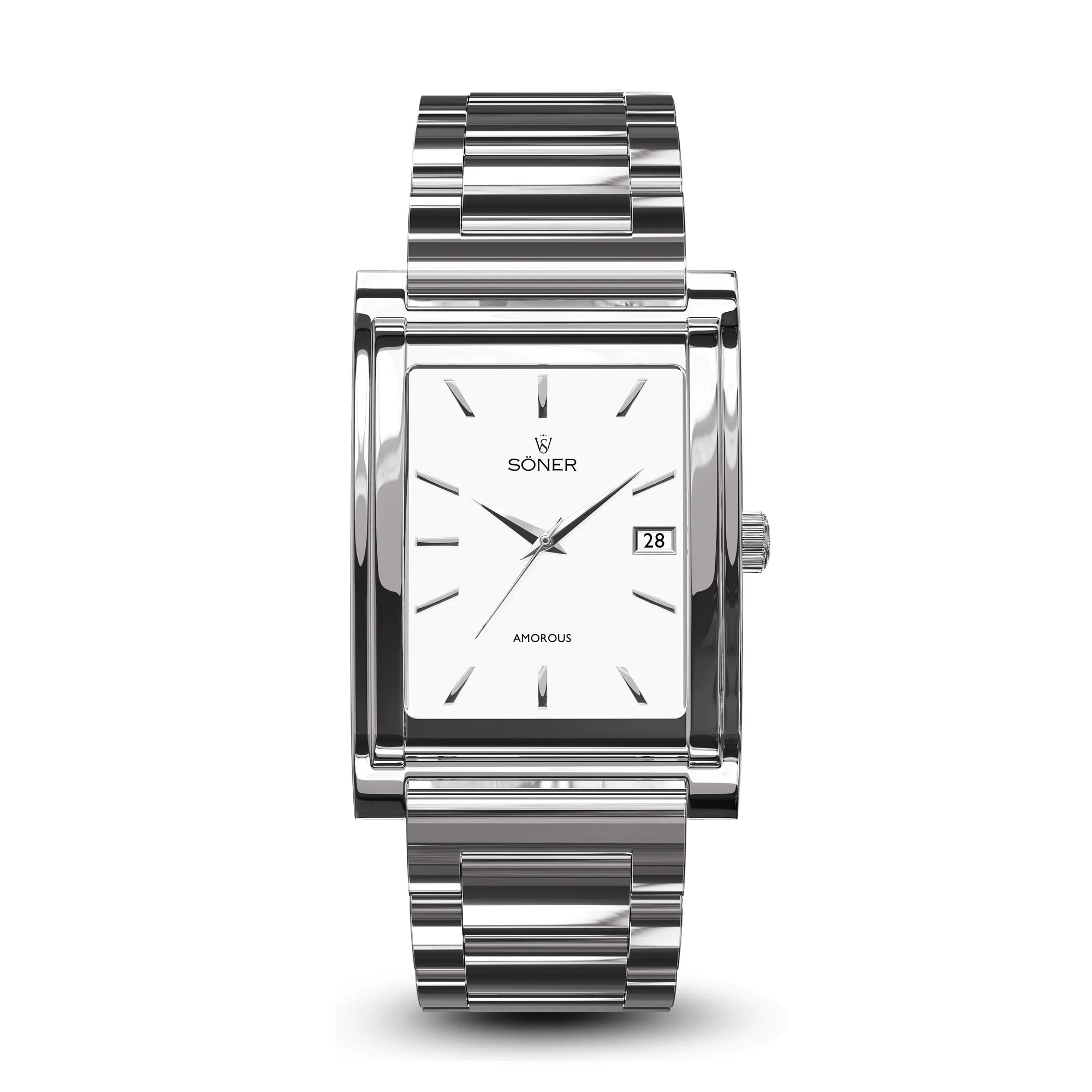 Vienna, a rectangular watch in polished steel with white dial