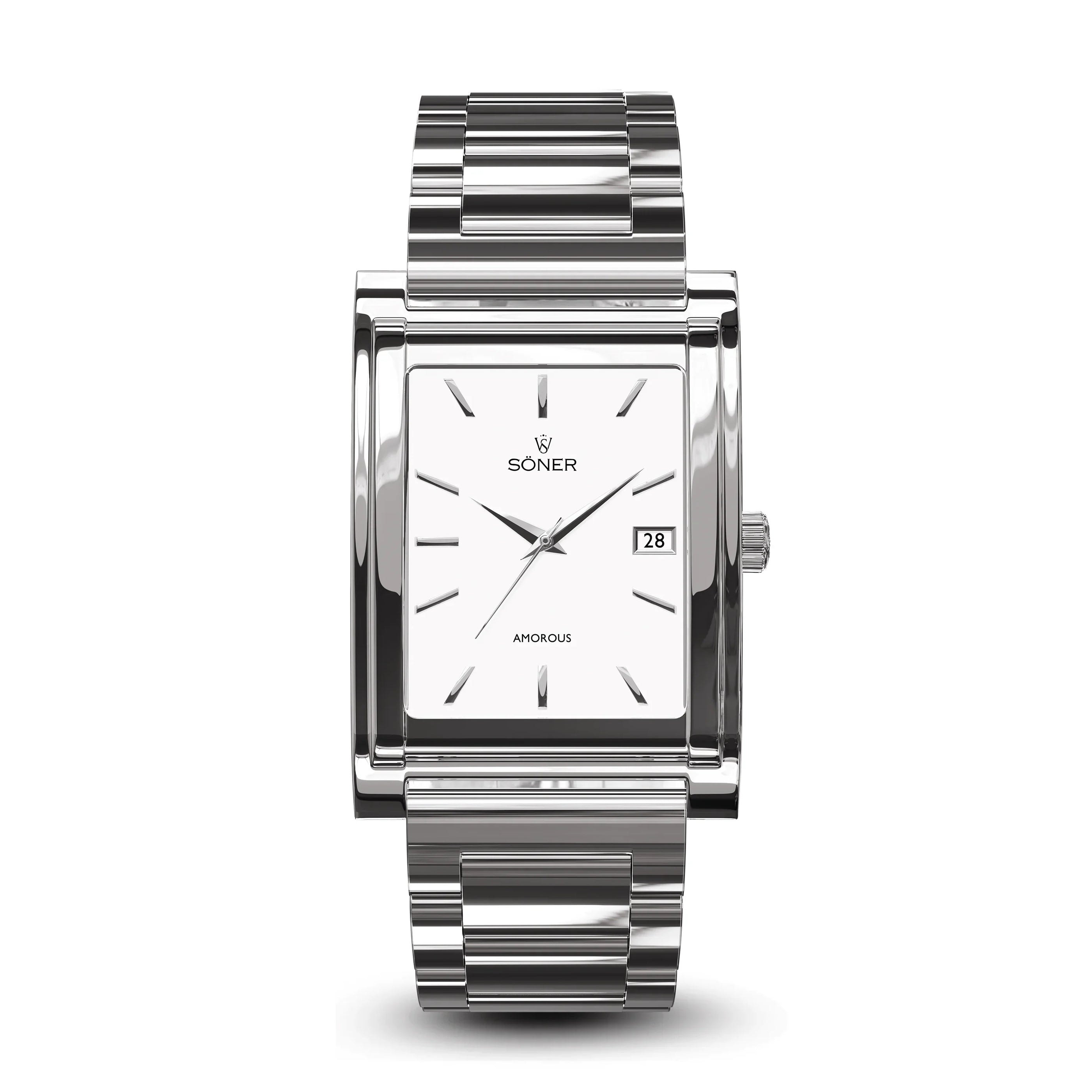 Vienna, a rectangular watch in polished steel with white dial