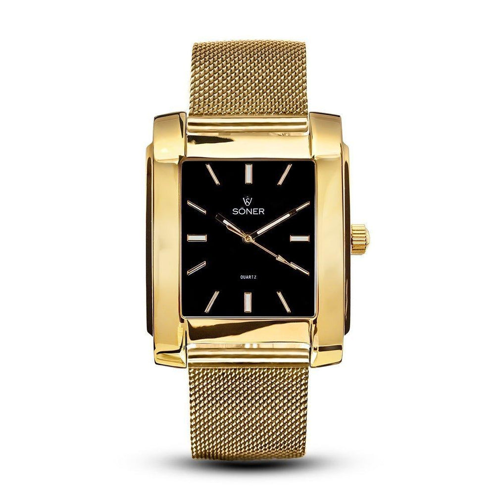 Astoria - Rectangular men's watch in polished gold with a black dial