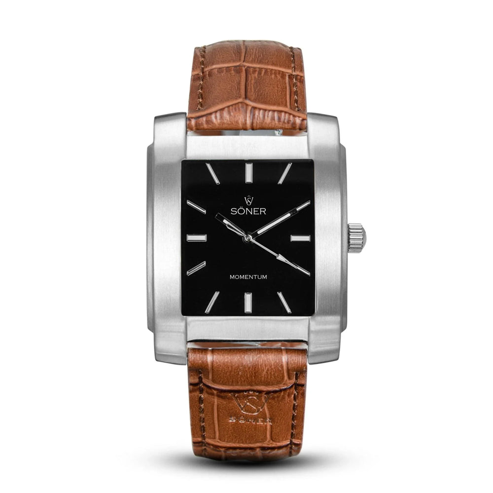 Eden - Rectangular men's watch in brushed steel with a black dial