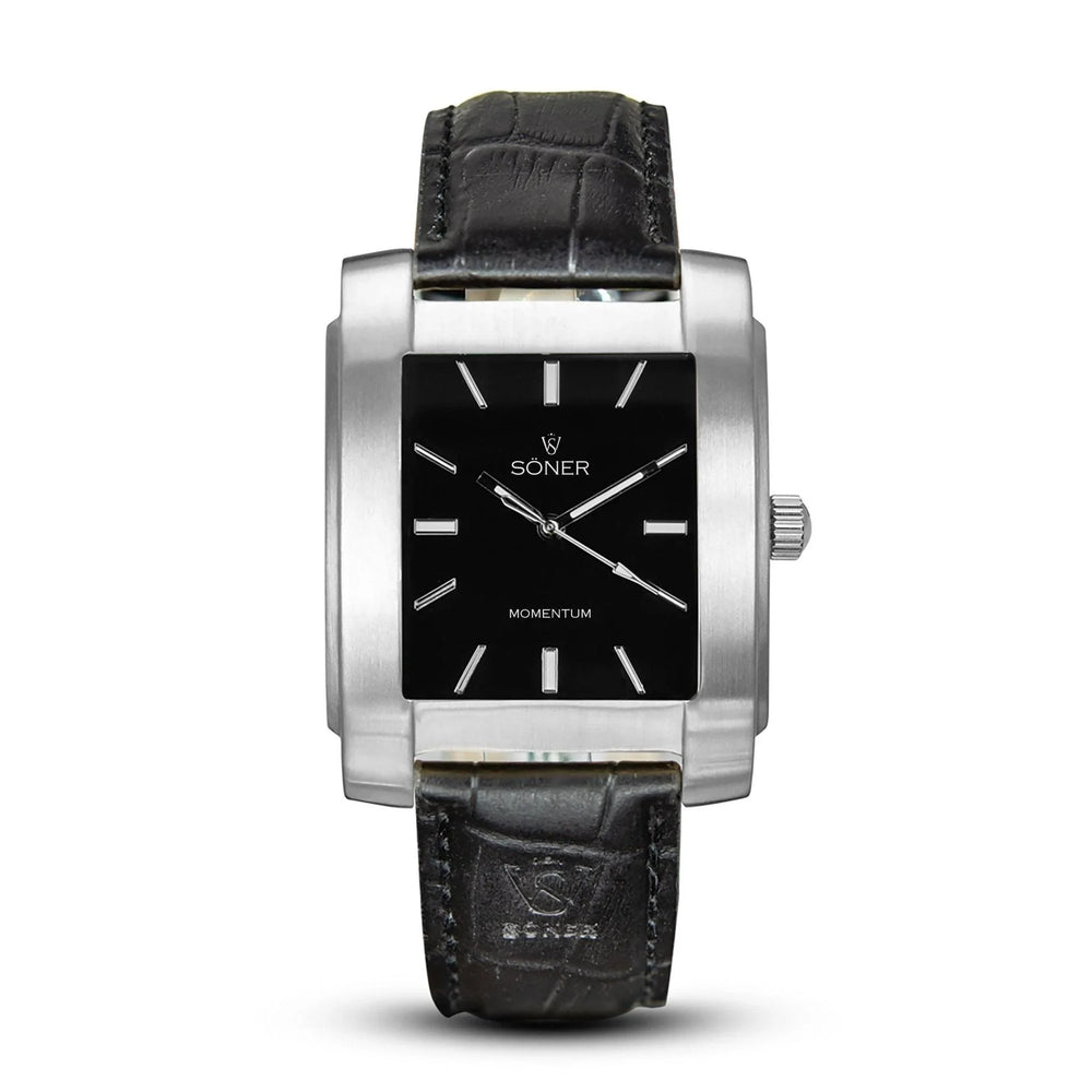 Eden - Rectangular men's watch in brushed steel with a black dial