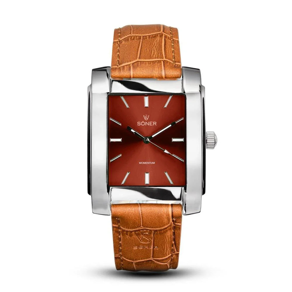 Rhodes - Rectangular men's watch in polished steel with a red dial