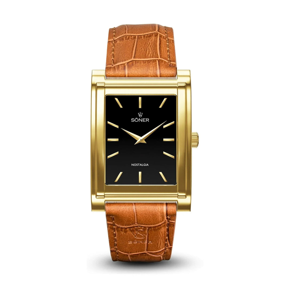 Monaco, a rectangular watch in brushed gold with a black dial