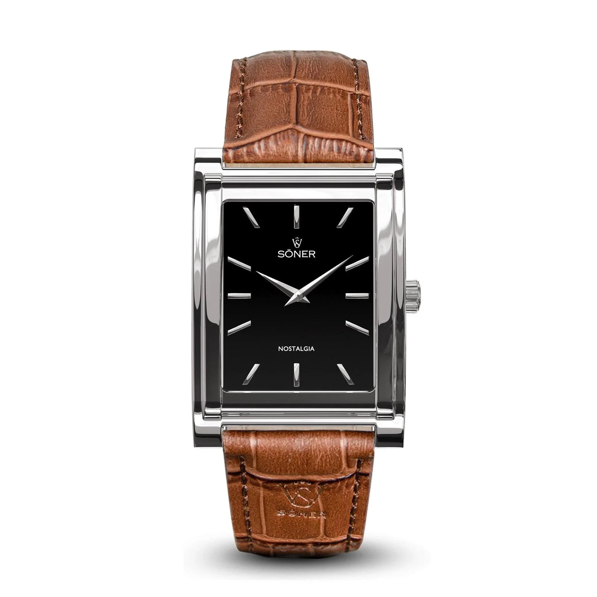Stockholm, a rectangular watch in polished steel with a black dial